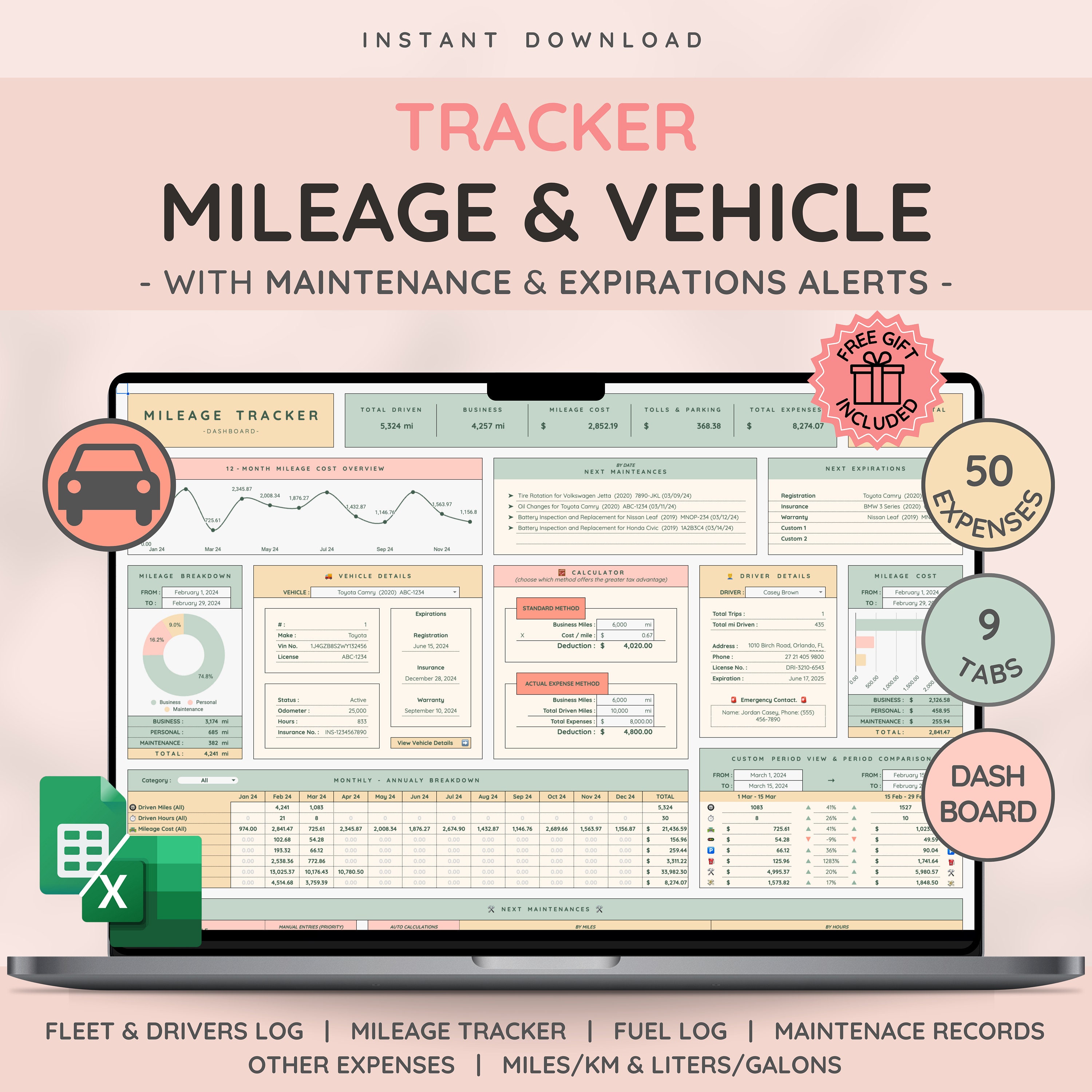 Vehicle & Mileage Tracker Log With Expenses, Fuel, Maintenance Tracker ...