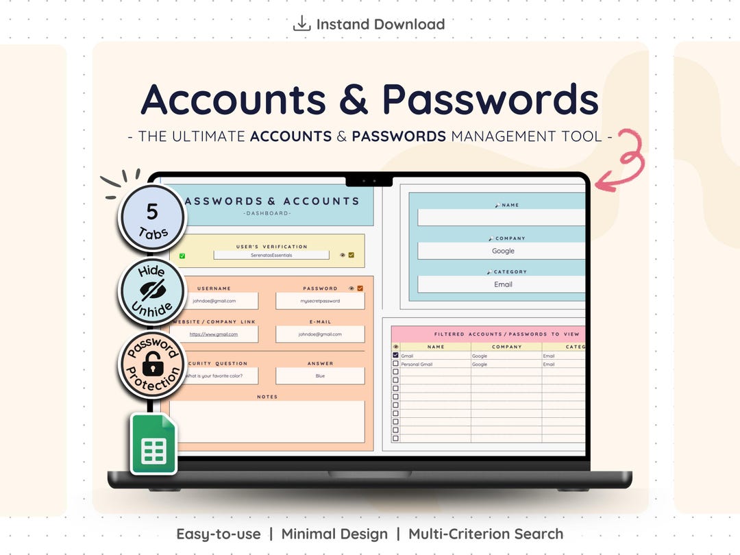 Secure Password Organizer Google Sheets Login Tracker Account Manager ...