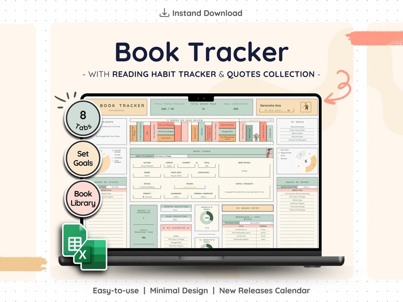 Book Log Tracker Google Sheets Excel Reading Journal Spreadsheet ...