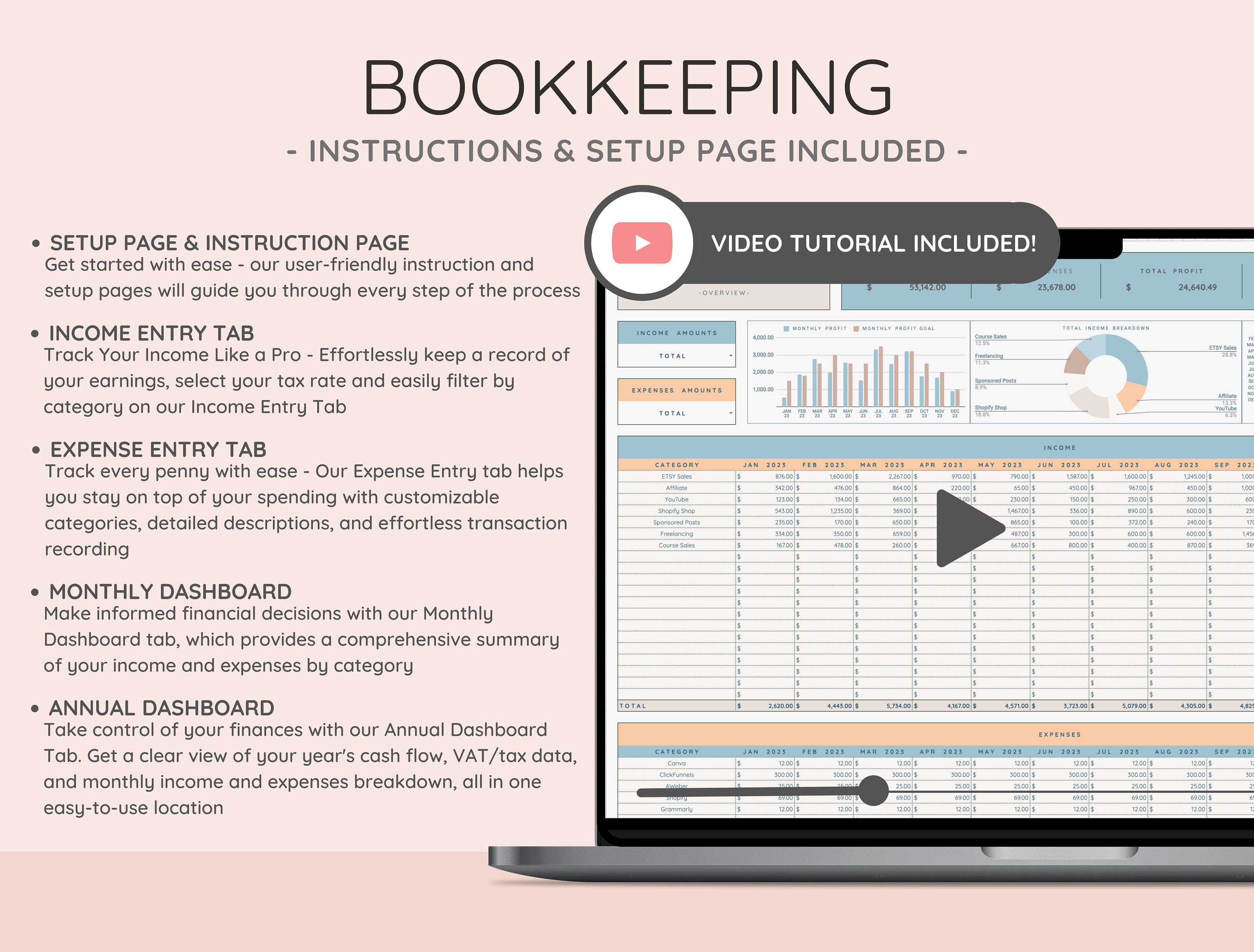 Bookkeeping Template for Business Accounting | Sales Tracker | Tax ...
