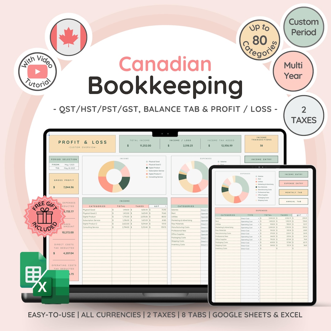 Canadian Bookkeeping Spreadsheet Template for Small Businesses | Profit ...