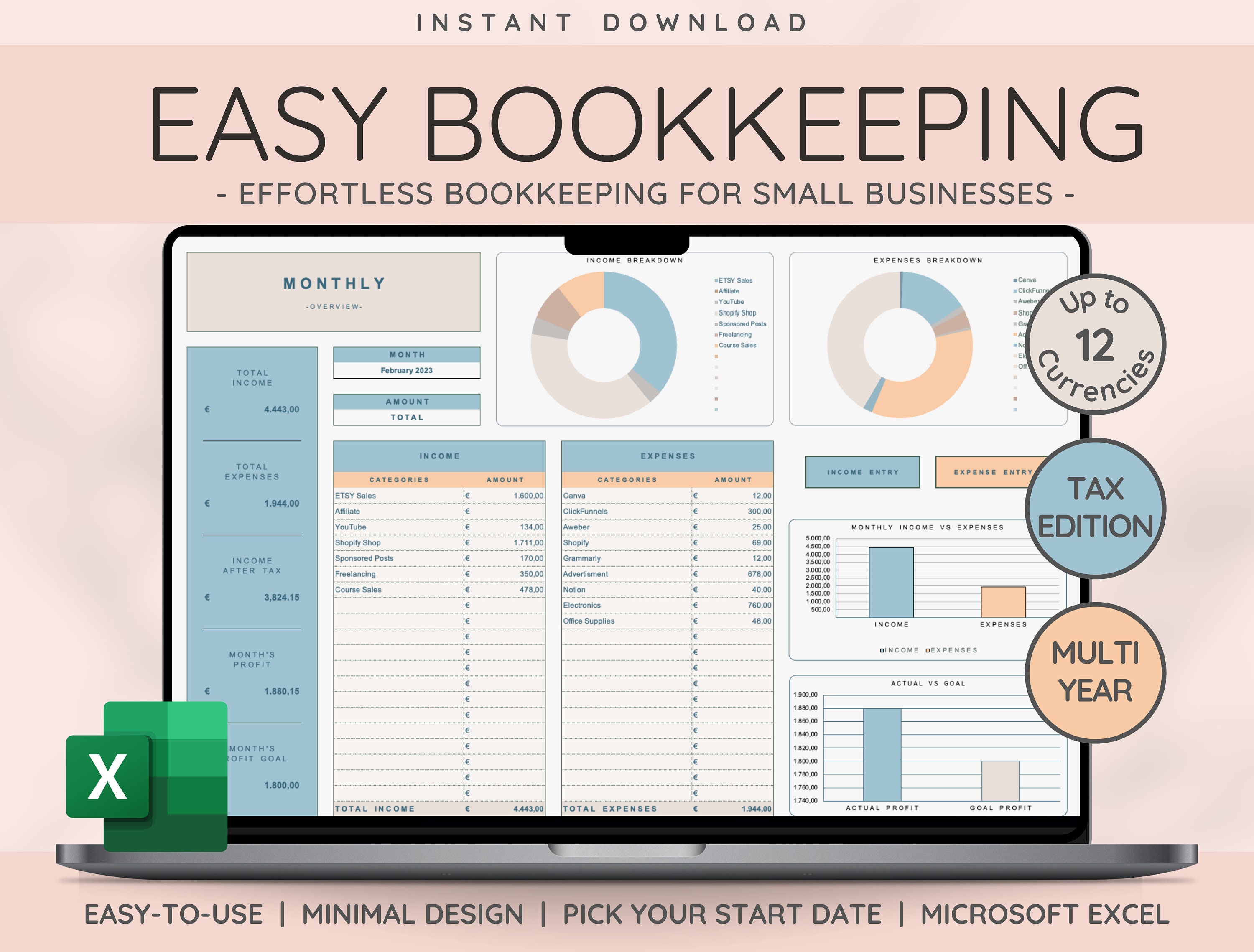 Excel Bookkeeping Template for Small Businesses Easy Bookkeeping Daily ...