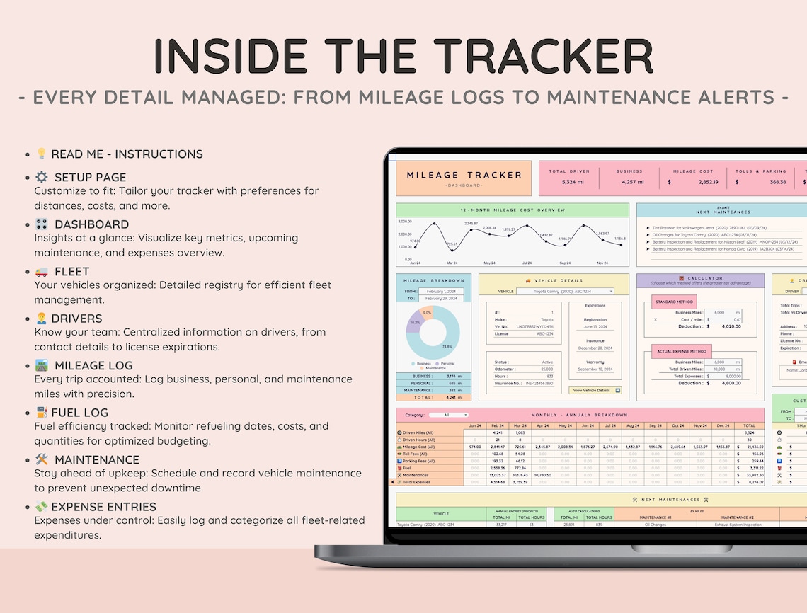 Vehicle & Mileage Tracker Log With Expenses, Fuel, Maintenance Tracker ...