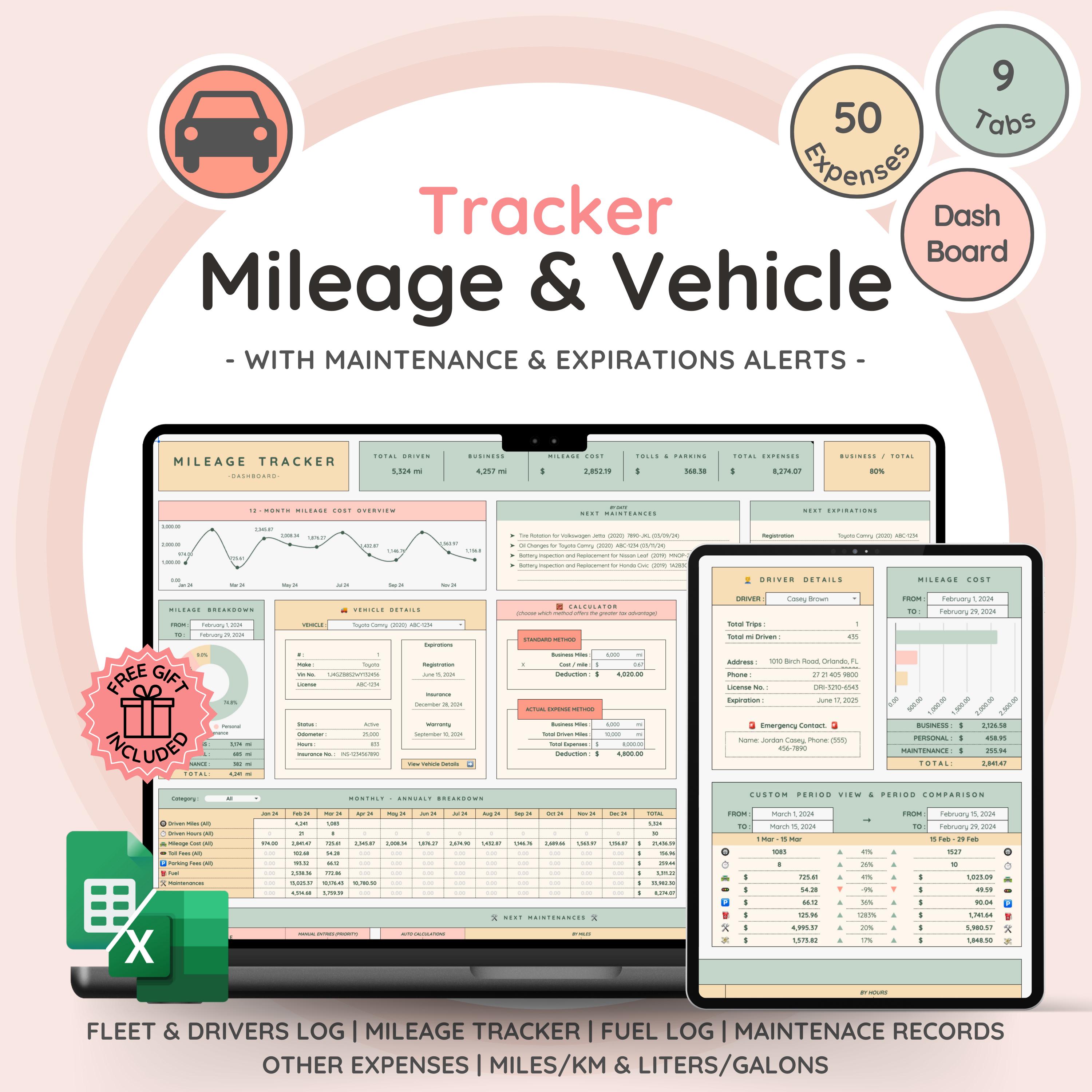 Vehicle & Mileage Tracker Log With Expenses, Fuel, Maintenance Tracker ...