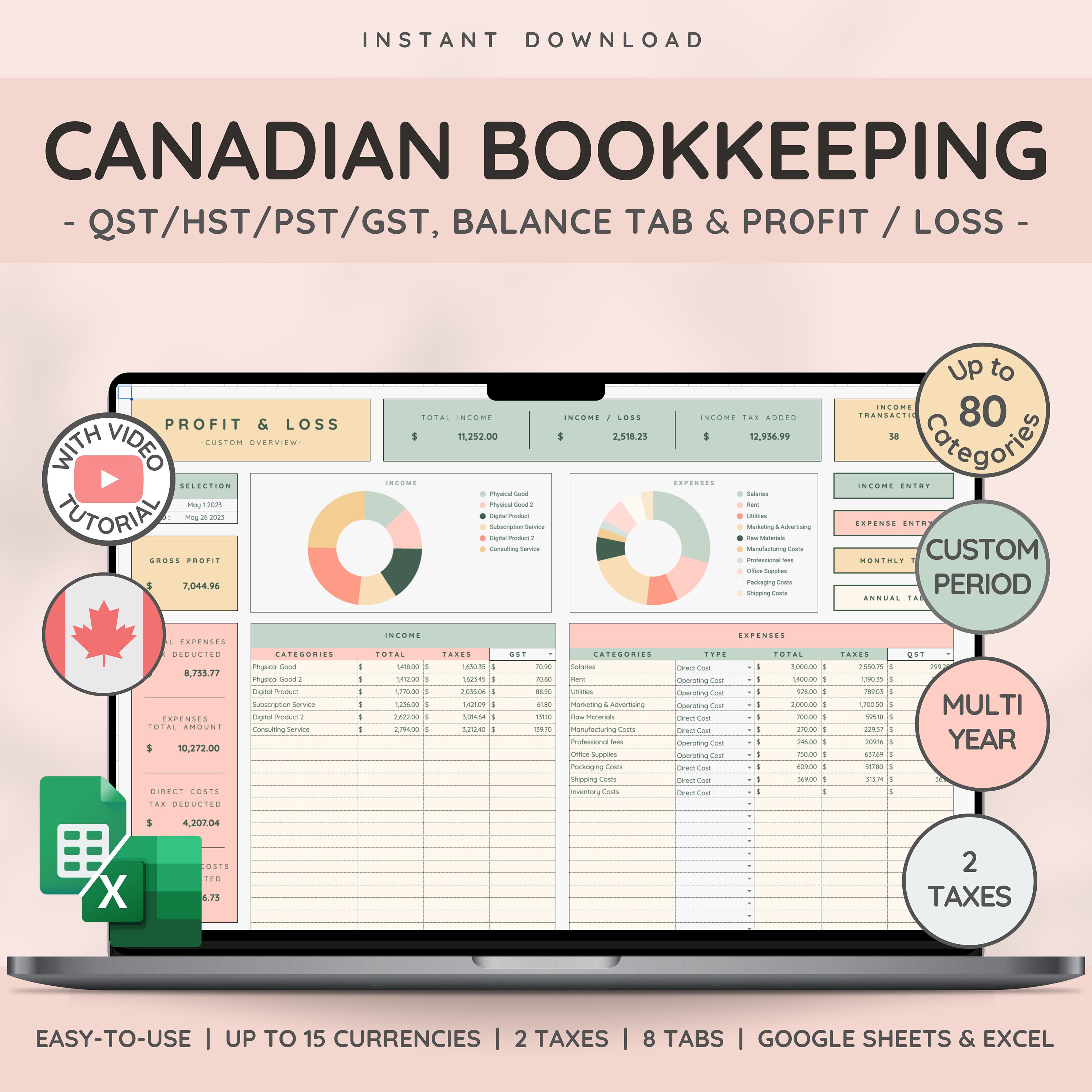 Canadian Bookkeeping Spreadsheet Template for Small Businesses Profit ...