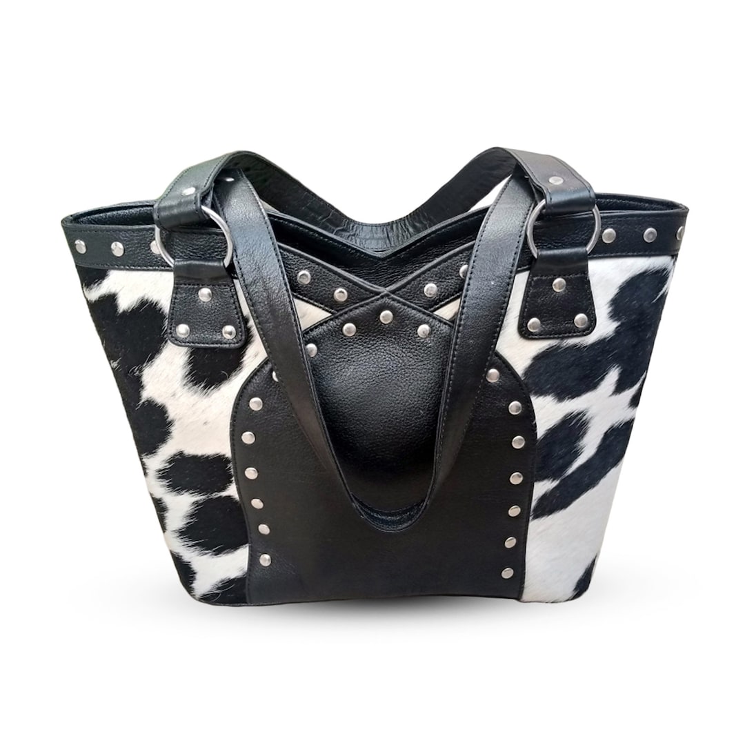 Real Cowhide Tote Bag | Black White Cowhide Hair on Metal Studs Women ...