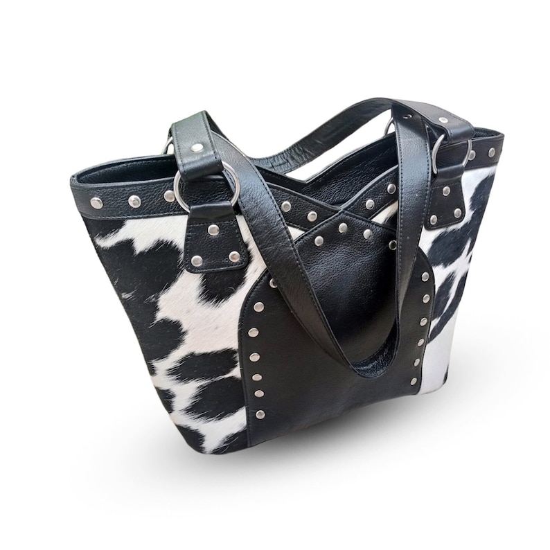 Real Cowhide Tote Bag | Black White Cowhide Hair on Metal Studs Women ...