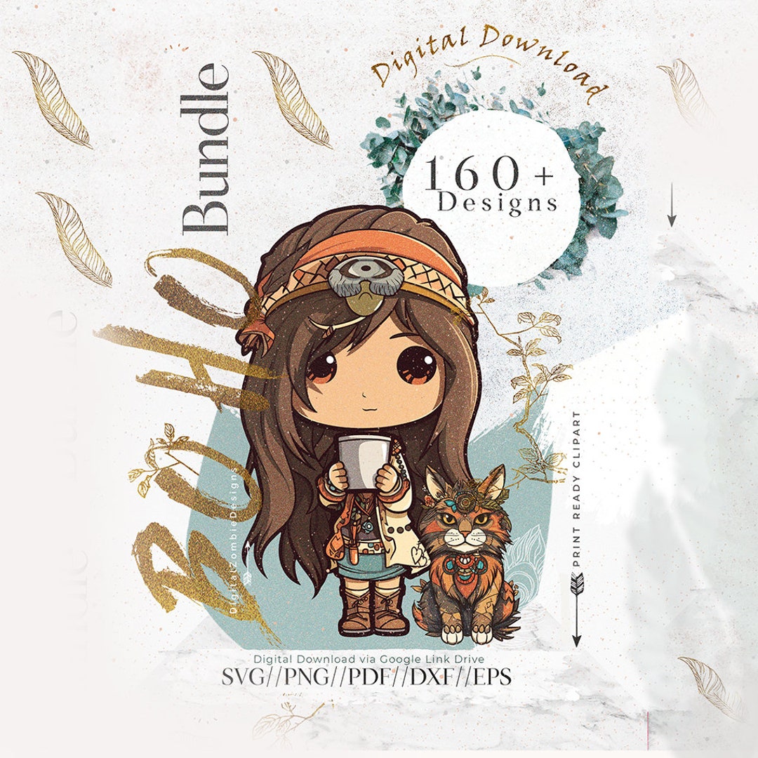 Boho Clipart Bundle: Cats, Flowers, Chibi Girls (160+ Designs) (digital ...