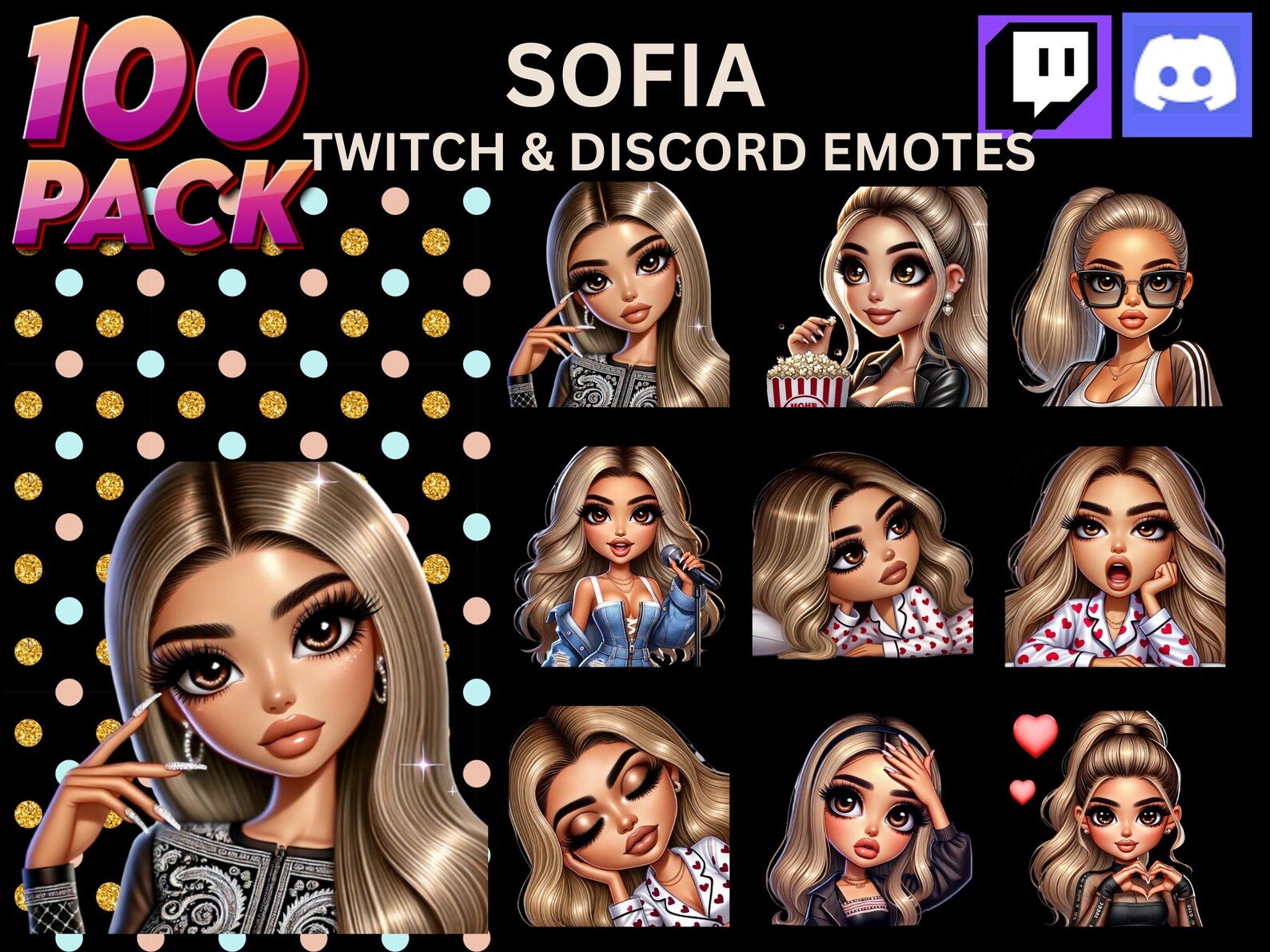 100 Female Emotes Girl Emote Twitch Discord Kick Sub Bit Badges Emojis ...
