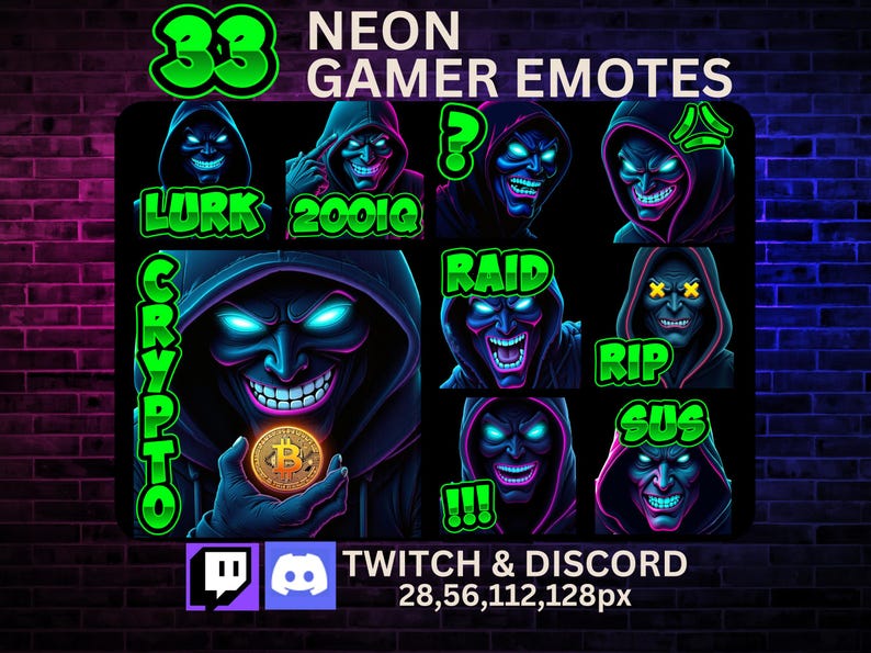 33 Neon Gamer Emotes Hooded Twitch Discord Kick Sub Bit Badges Emojis ...