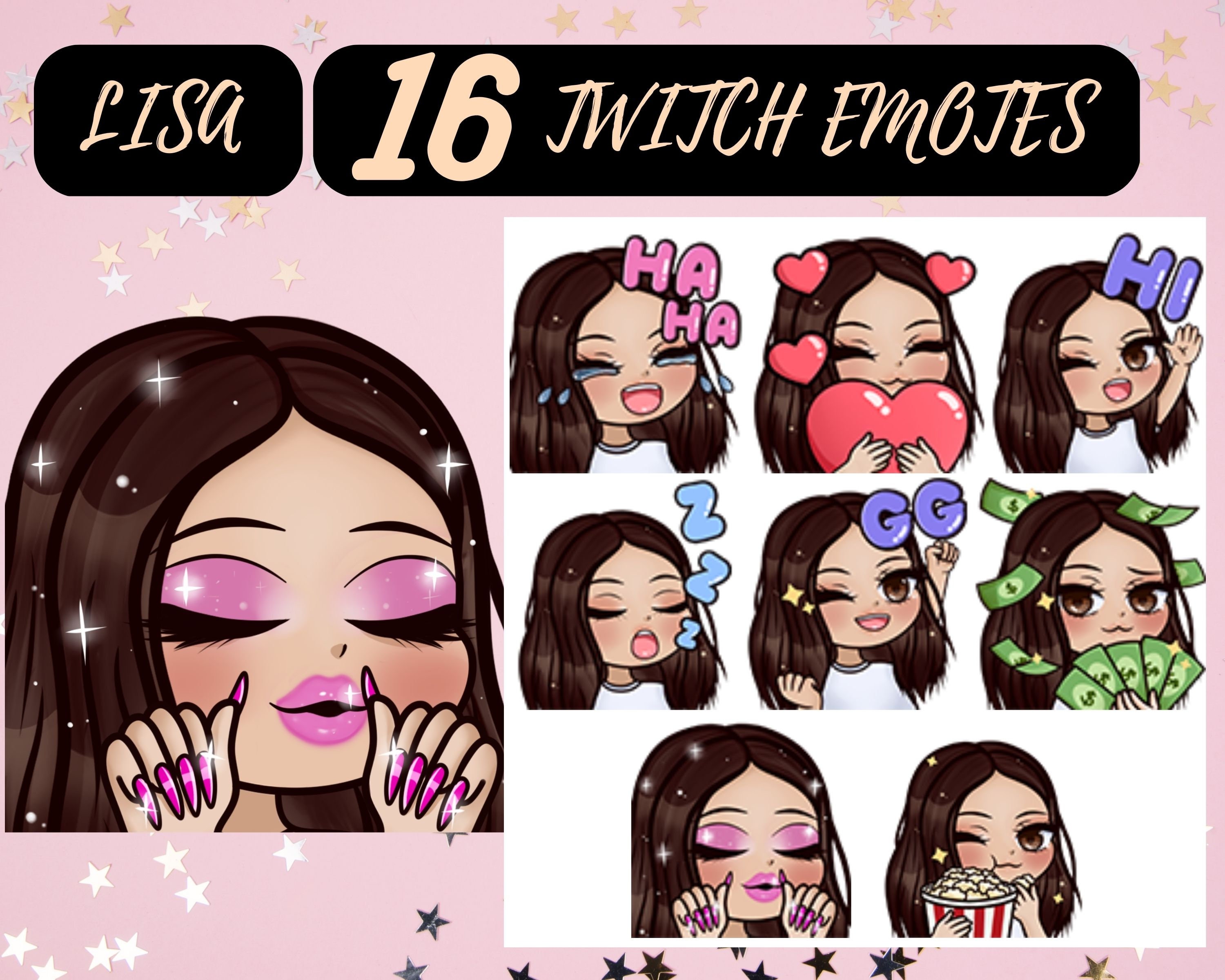16 Twitch Female Emotes, Mega Pack, Lisa-brown Hair Brown Eyes Pale ...