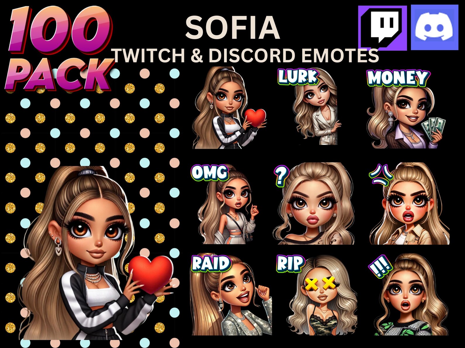 100 Female Emotes Girl Emote Twitch Discord Kick Sub Bit Badges Emojis ...