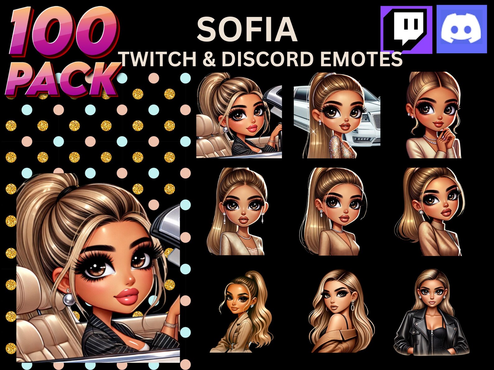 100 Female Emotes Girl Emote Twitch Discord Kick Sub Bit Badges Emojis ...