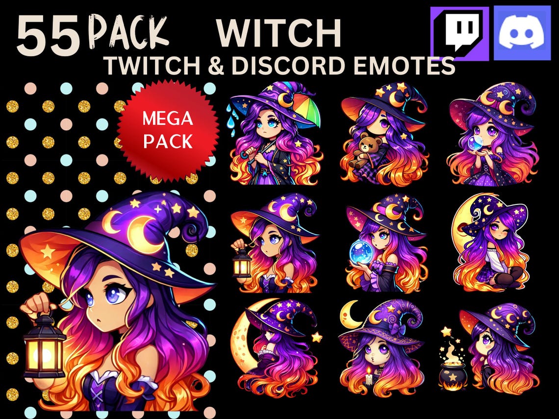 55 Witch Emotes Twitch Discord Kick Sub Bit Badges Emojis Emotes ...