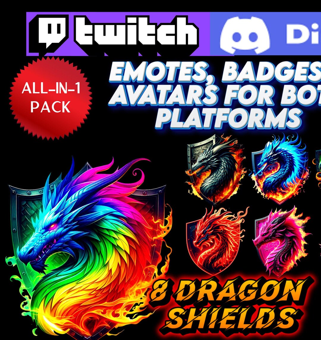 Dragon Shields Twitch Discord Kick Sub Bit Badges Avatars Emotes ...