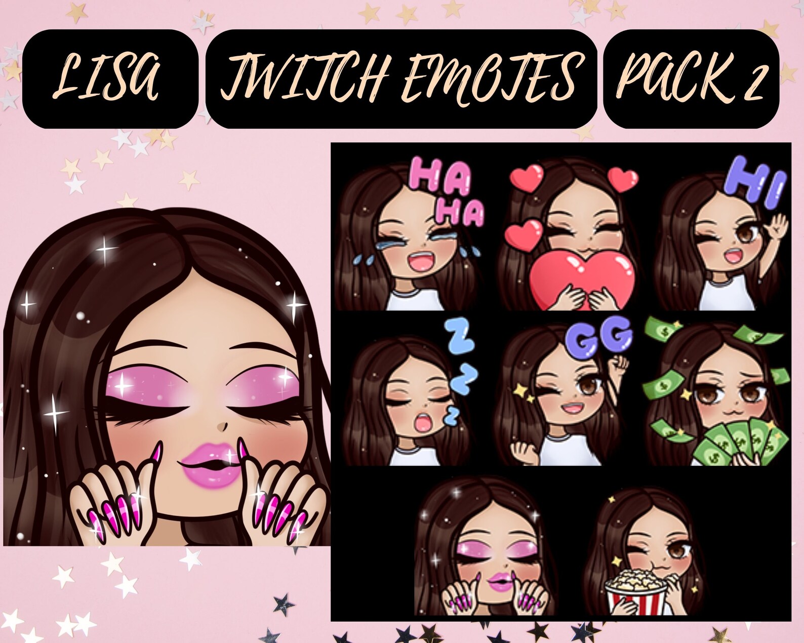 16 Twitch Female Emotes, Mega Pack, Lisa-brown Hair Brown Eyes Pale ...