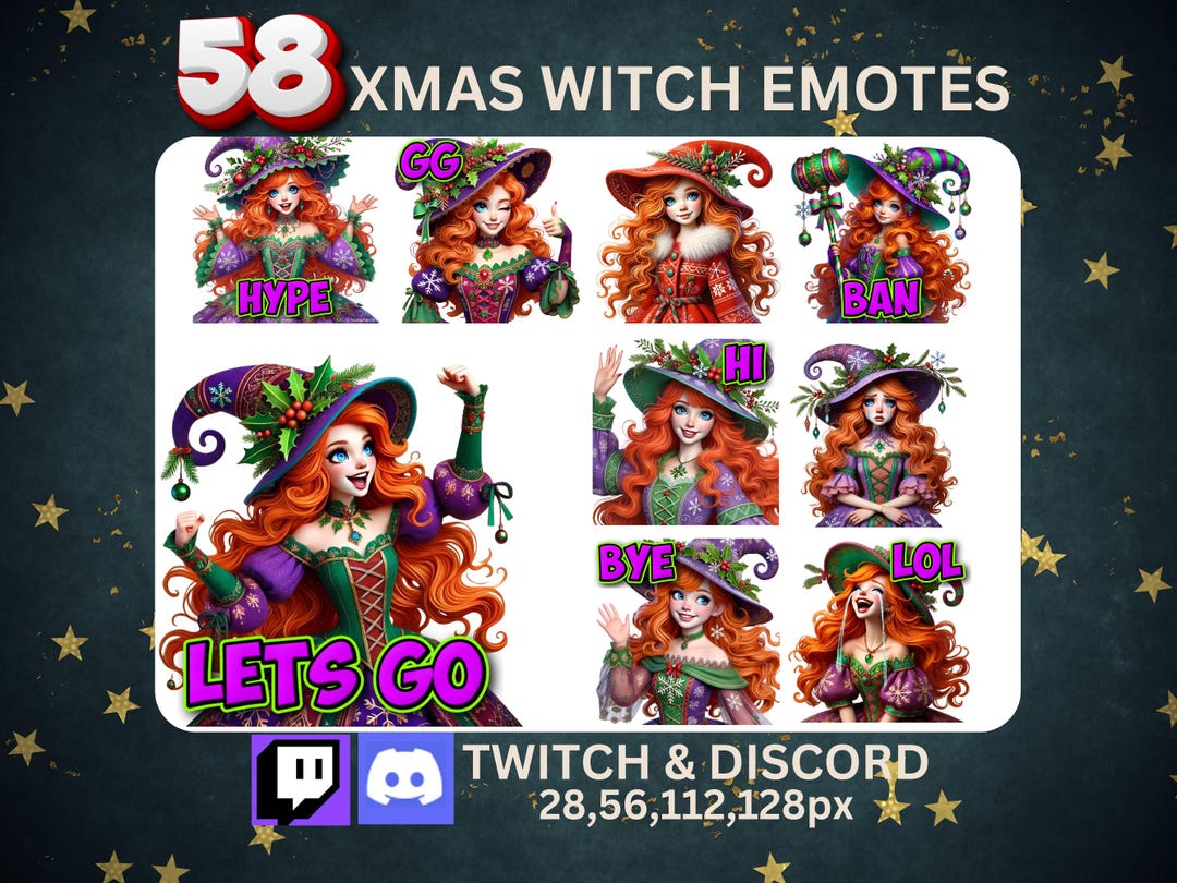 58 Christmas Witch Emotes Twitch Discord Kick Sub Bit Badges Emojis ...