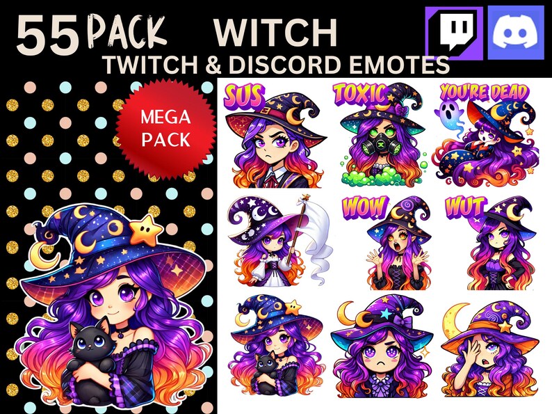 55 Witch Emotes Twitch Discord Kick Sub Bit Badges Emojis Emotes ...