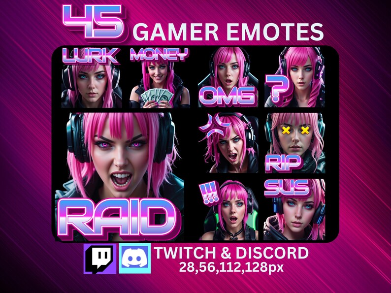 45 Female Gamer Emotes Twitch Discord Kick Sub Bit Badges Emojis Emotes ...