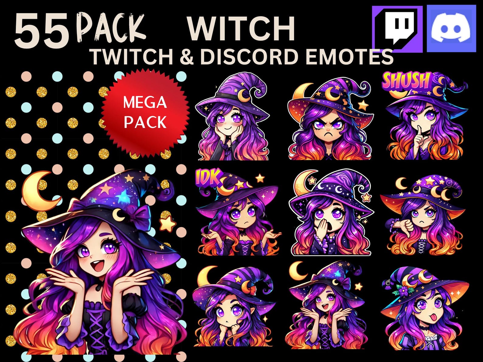 55 Witch Emotes Twitch Discord Kick Sub Bit Badges Emojis Emotes ...