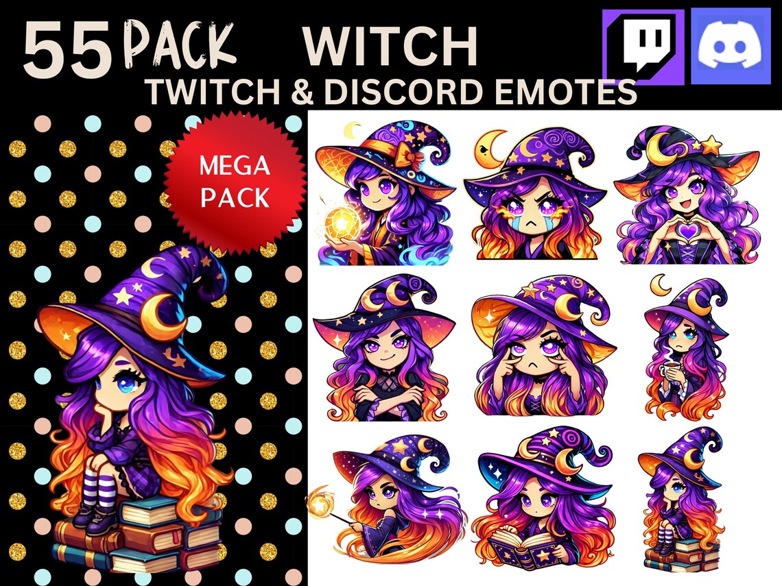 55 Witch Emotes Twitch Discord Kick Sub Bit Badges Emojis Emotes ...