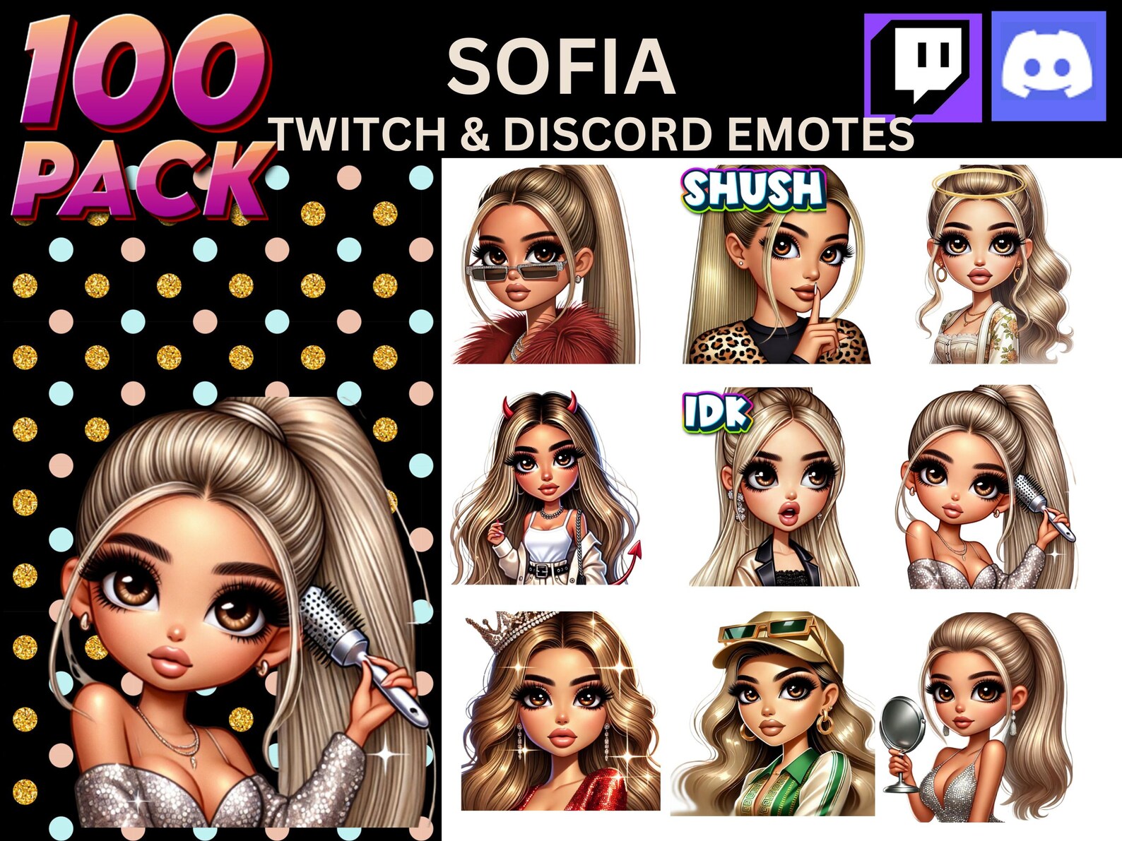 100 Female Emotes Girl Emote Twitch Discord Kick Sub Bit Badges Emojis ...