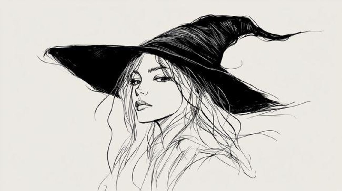 Vintage Halloween Art Print: Spooky Witch Drawing Decor (digital ...