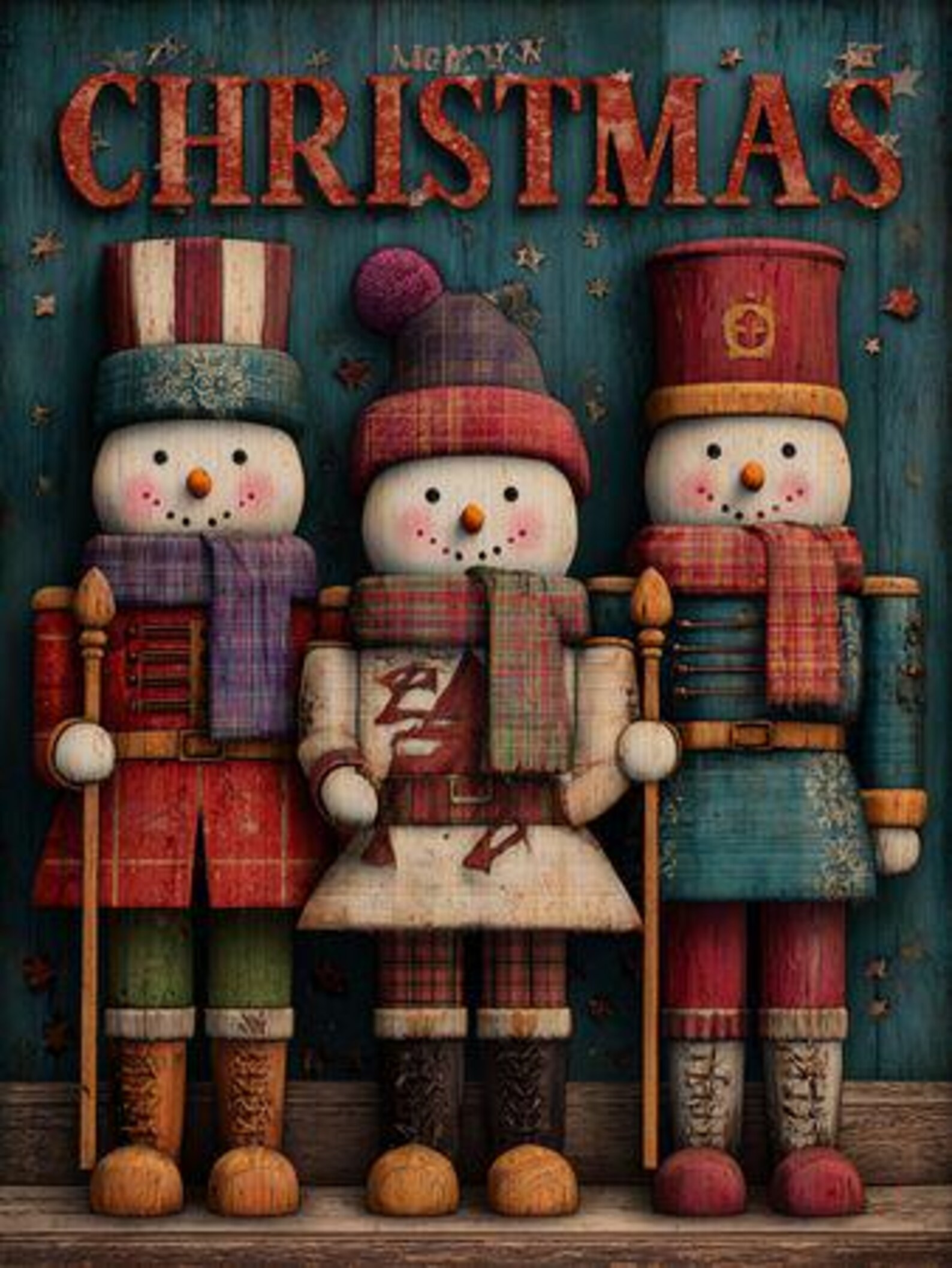 Rustic Wooden Christmas Art | Plaid Snowmen & Nutcracker Prints ...