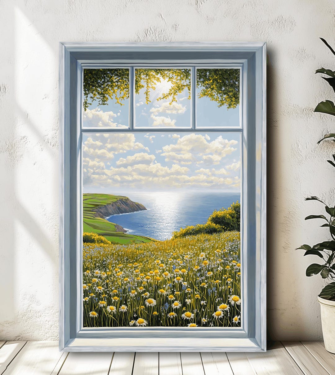 Faux Window Flower & Sea Art | Large Wildflower Field and Ocean High ...