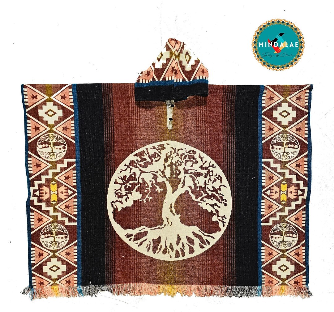 Hooded Poncho-earth Tones -tree of Life -handcrafted by Indigenous ...