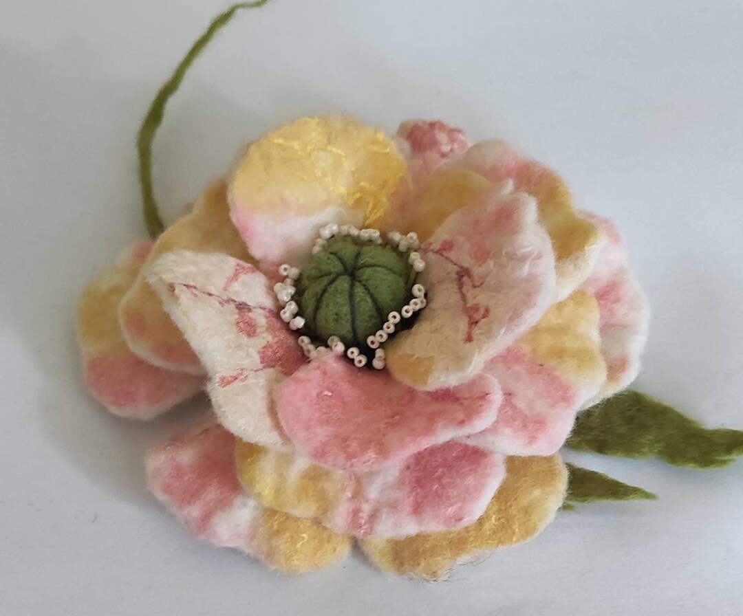 Felt Flower, Felted Flower Brooch, Pink and Yellow Felt Flower Pin ...
