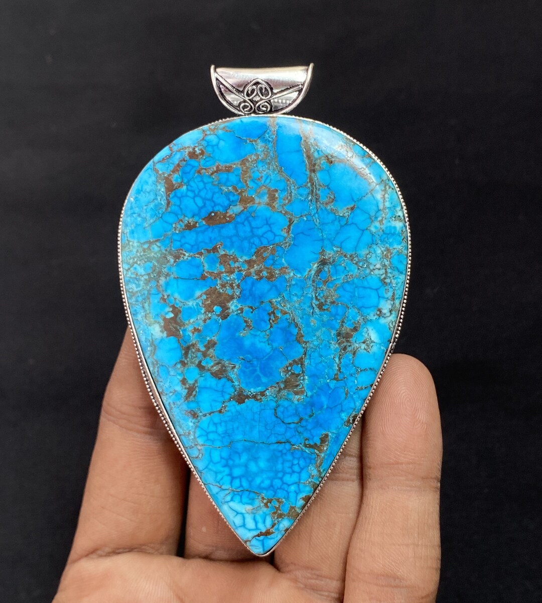 Big Size Blue Turquoise Gemstone Handmade Pendant Sterling Silver ...