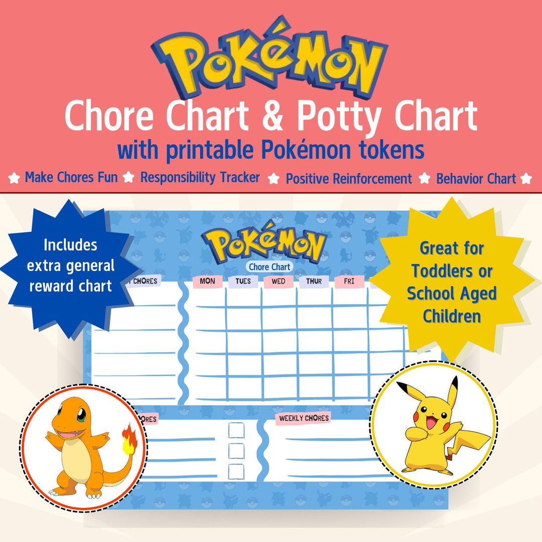 Printable Pokemon Kids Chore Chart / Potty Training Chart / Reward ...