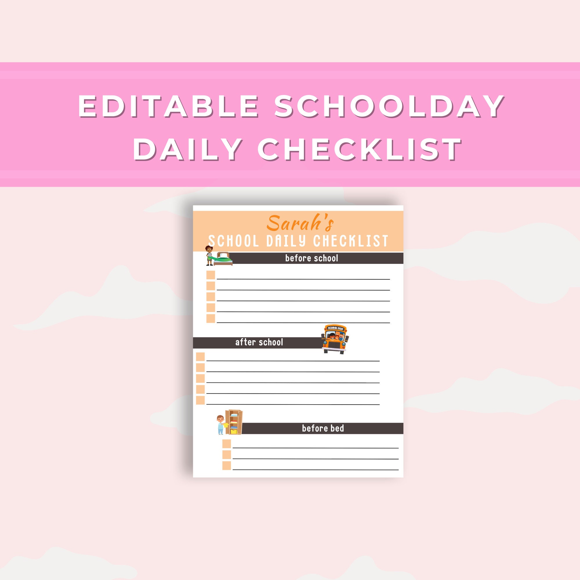 Editable Schoolday Daily Checklist for Kids Kids Chore Chart - Etsy