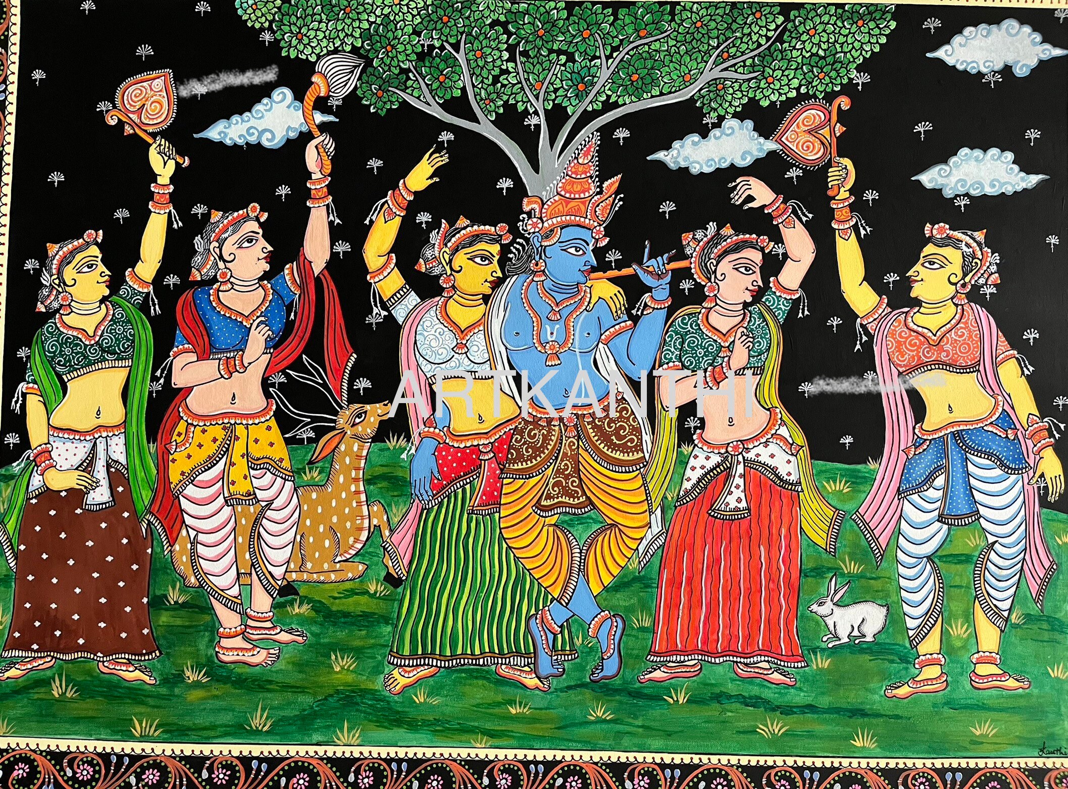 Hand Painted Lord Shri Krishna With Gopikas in Pattachitra Style. - Etsy