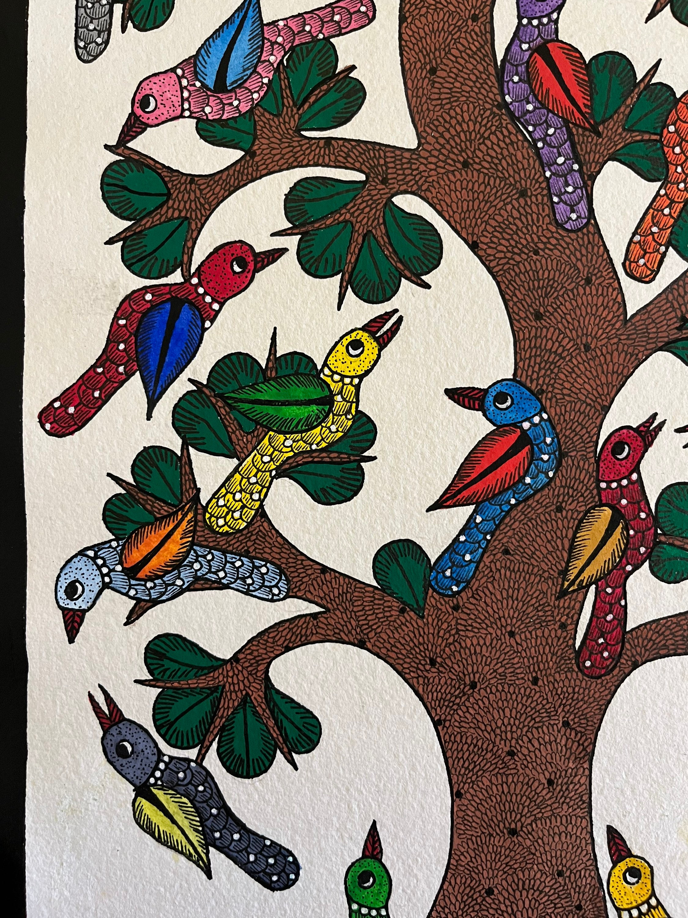 Hand Painted Gond Birds and Tree - Etsy