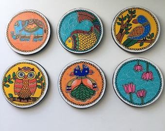 Set of 6 Hand-painted Madhubani Painting Wooden Coaster and Madhubani Painted Wooden Holder Fish ...
