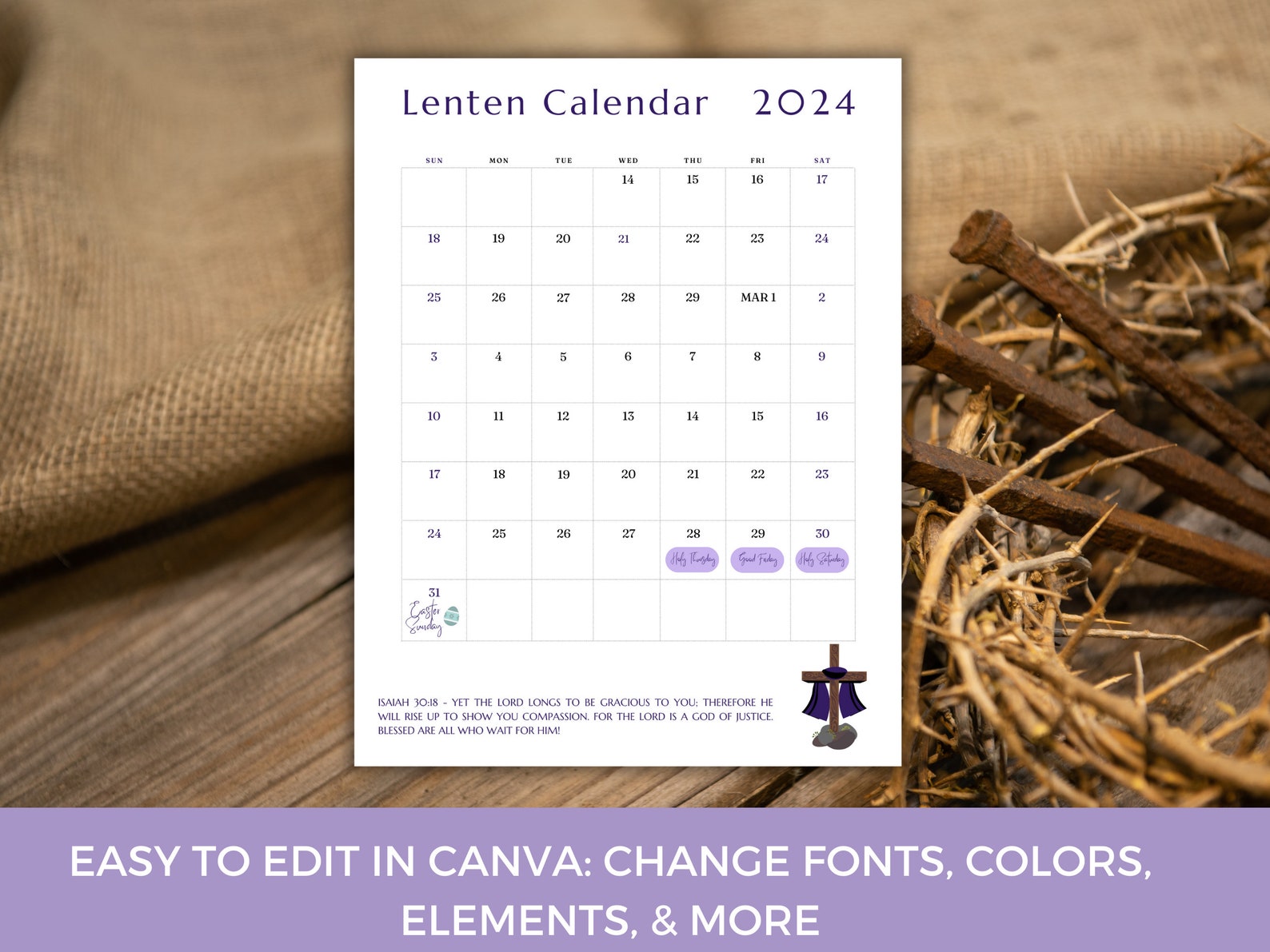 Lenten Calendar 2024 Printable Lenten Prayer Calendar Easter Countdown ...