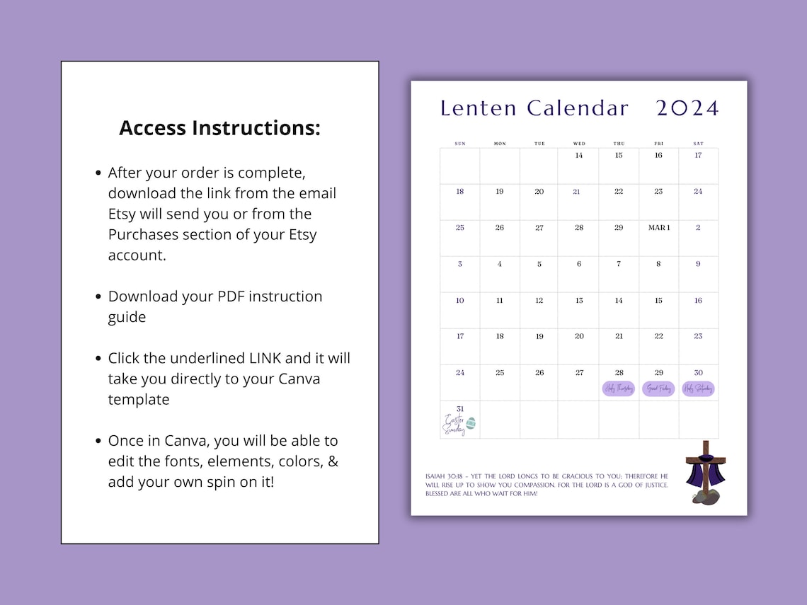 Lenten Calendar 2024 Printable Lenten Prayer Calendar Easter Countdown ...