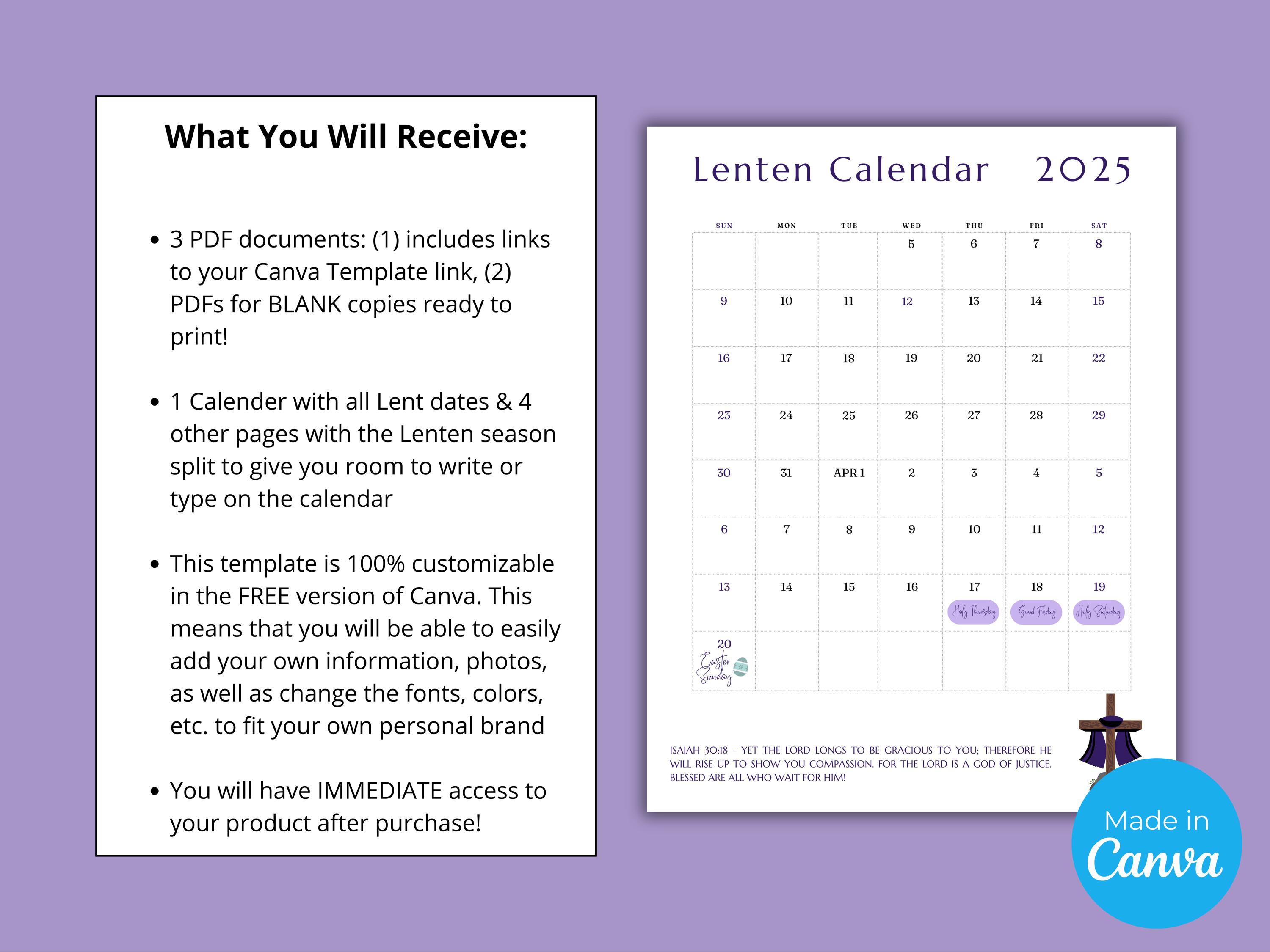 Lenten Calendar 2025 | Printable Lenten Prayer Calendar | Easter ...