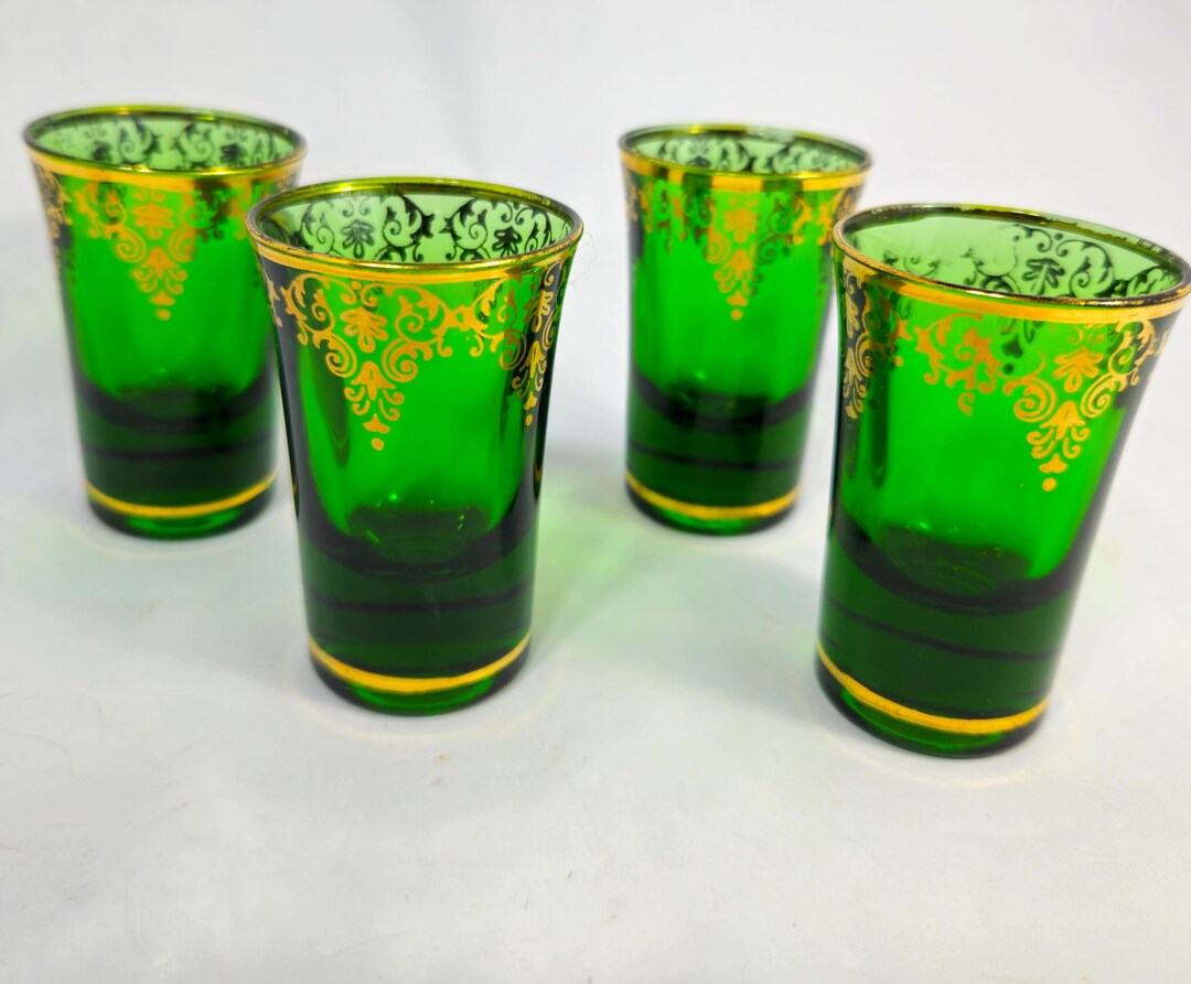 Mid-century Modern Emerald Green Shot Glasses Beautiful Holiday Bar ...