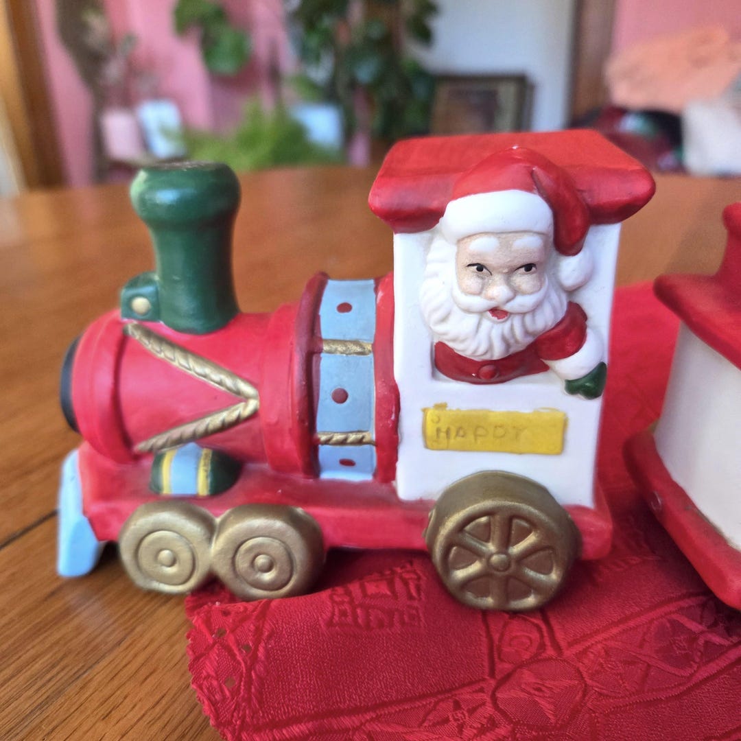 Vintage Ceramic Christmas Train • 4-piece Set • Santa & Animals • Hand ...