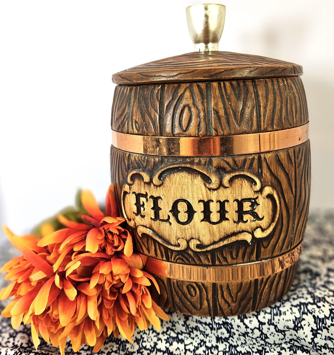Vintage 1958 Treasure Craft Flour Canister – Faux Wood Barrel Ceramics ...