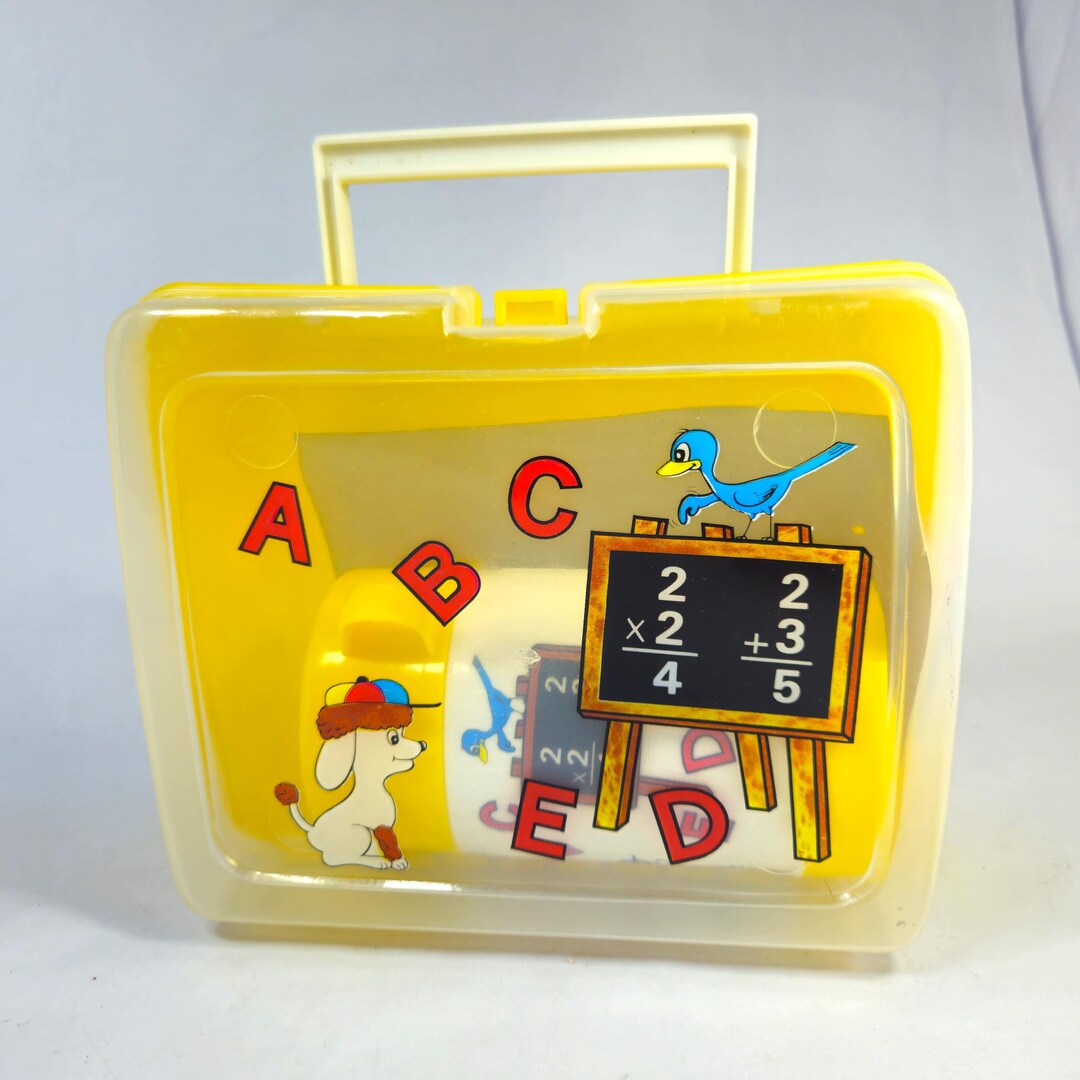 Vintage Plastic Lunch Box With Thermos- Yellow Alphabet Dog Stickers - Etsy