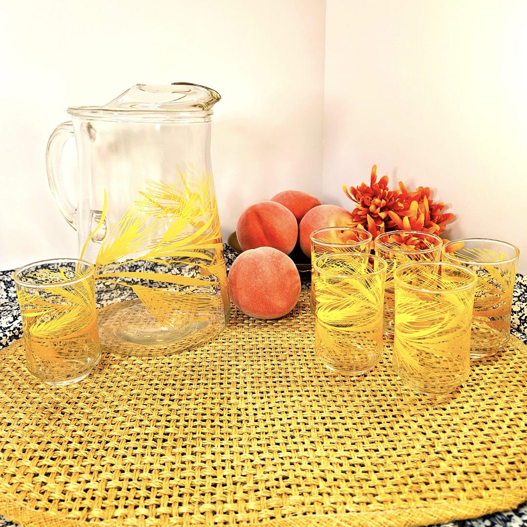 Vintage Golden Wheat Glass Pitcher Set: Mid-century Brunch Decor - Etsy
