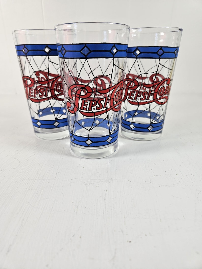 3 Vintage 70s Pepsi Cola Tiffany Stained Glass Style Drinking Glasses ...