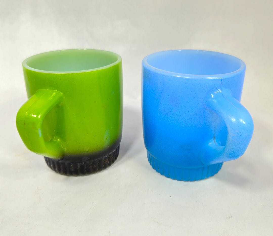 Set of 2 Vintage 1970s Fireking Mugs | Avocado Green and Ombre Blue ...