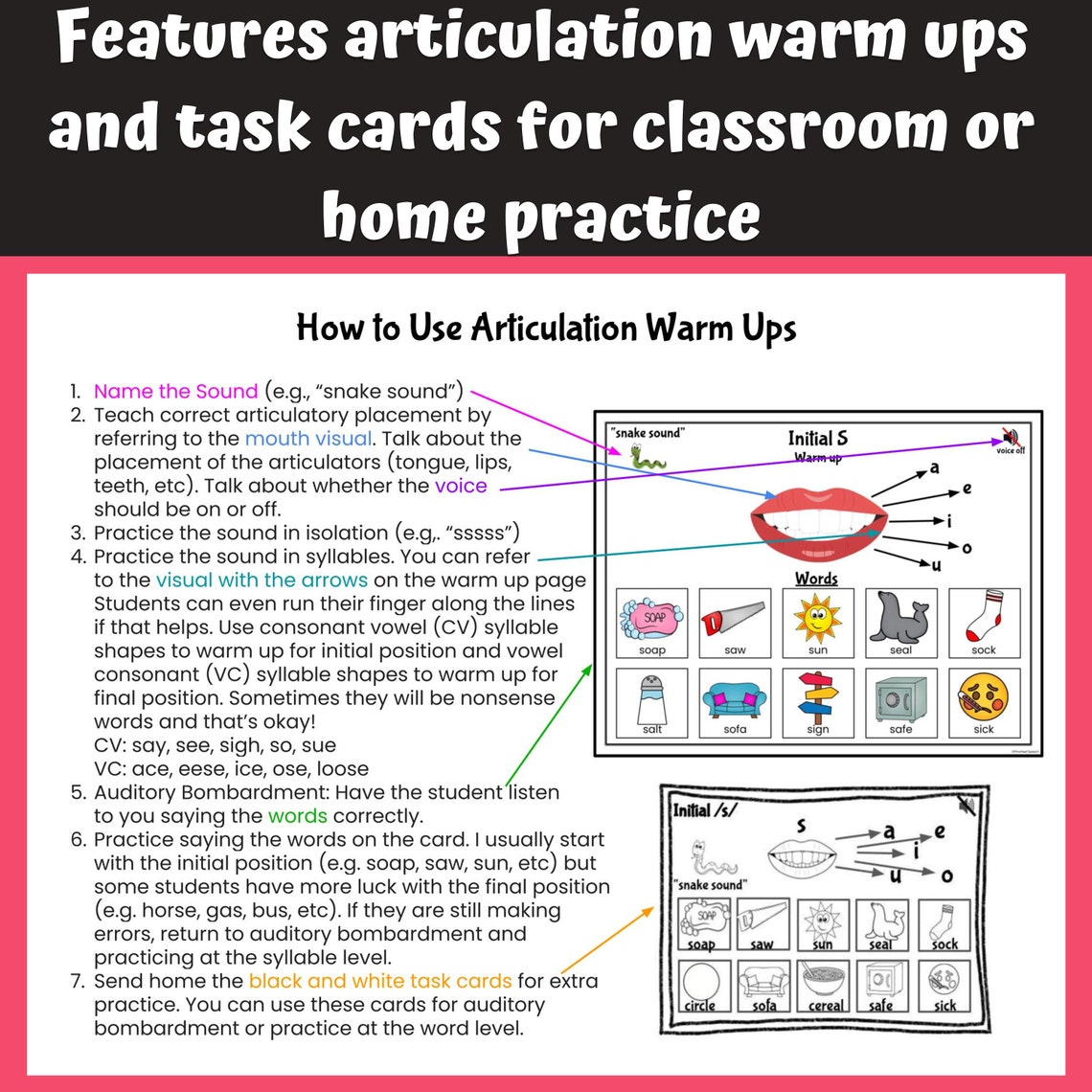 Speech Sound Visual Cue Cards and Articulation Warm Ups Speech Therapy ...