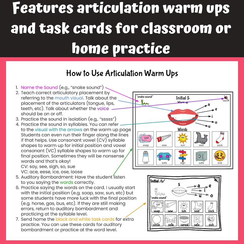 Speech Sound Visual Cue Cards and Articulation Warm Ups Speech Therapy ...