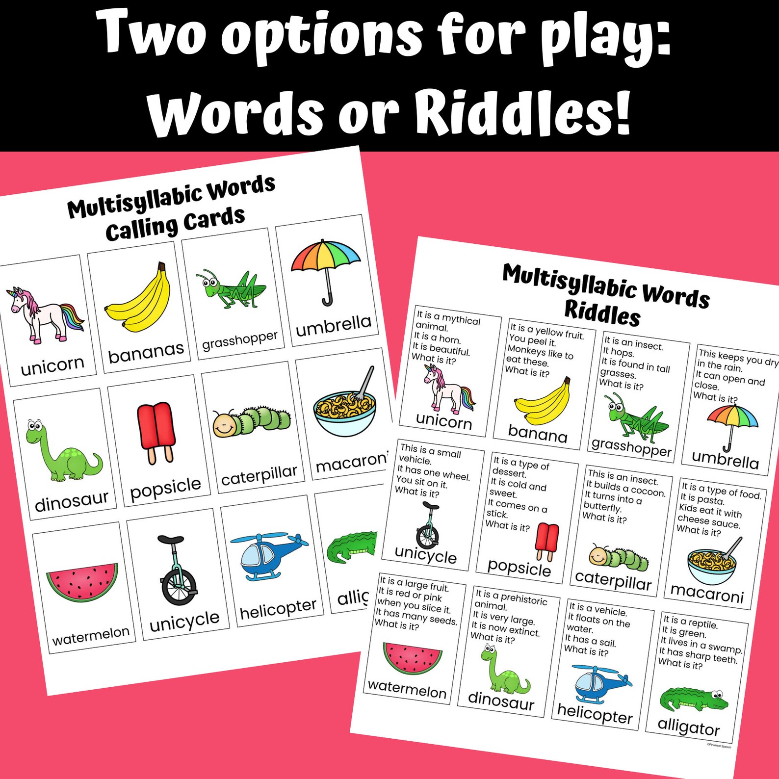 Multisyllabic Words Bingo Game With Riddles Printable Speech Therapy ...